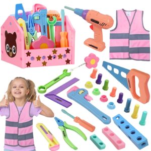 gifts2u toy tool set for girls pretend play toy with play drill tool box, vest costume and toy tape measure, pink toy tool set learning tool kit for girls toddlers boys age 3 4 5 6 home stem diy gifts