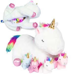 pixiecrush unicorn stuffed animals with babies inside - 5-piece set of mommy and baby unicorn plush for imaginative play - soft cuddly companion for kids - stuffed animals for girls ages 3 to 8 years