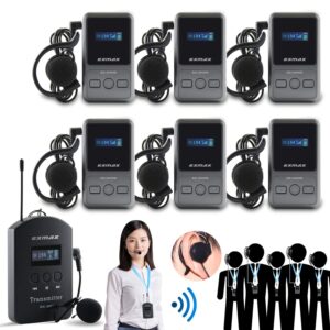 exmax ex-200n uhf wireless tour guide system hands-free transmitter receiver 200 channels for church translation, city museum tour, equestrian training, hajj - 1 transmitter & 6 receivers