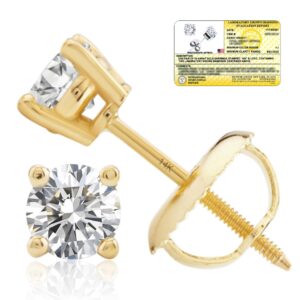 max + stone igi certified 1/2 carat lab grown diamond stud earrings in 14k real yellow gold with 4-prong setting