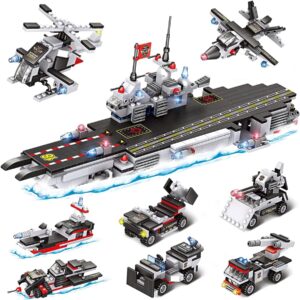 ep exercise n play aircraft carrier building blocks set, military battleship model building toy w/army car, airplane, warship, helicopter & boat, stem building toys for boys girls age 6+(1630 pcs)