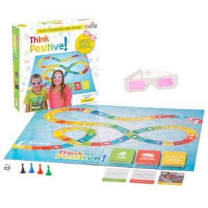 think positive a fun kids board game to promote positive thinking in life for ages 6+. therapy and learning family game with doing good, thinking positively and seeing good cards & rose tinted glasses