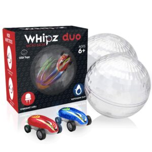 usa toyz whipz duo micro racers toy cars for kids - 2pk mini keychain cars, glow in the dark led fast pocket racers fidget toys, 2 mini cars with 2 racing stunt balls, 2 clips, and 2 usb chargers