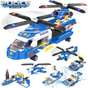 1648 pieces city police armed transport helicopter toy building blocks set with plane, police boat, ship, blocks storage box, learning and roleplay construction toy gift for boys girls 6-12