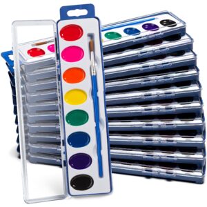 bedwina watercolor paint sets for kids - bulk pack of 12, 8 washable water color paints in palette tray and painting brush for coloring, art, classrooms and paint party supplies