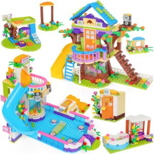 1274 pieces friends tree house summer pool party building kit, friends treehouse swimming pool building set with storage box, creative building blocks toy birthday gifts for kids girls aged 6-12