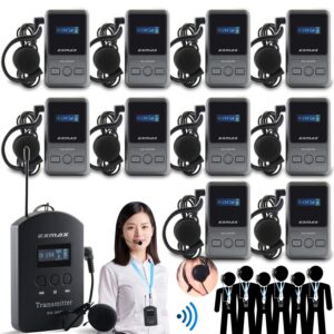 exmax ex-200n uhf wireless tour guide audio voice transmission set hands-free transmitter receiver 200 channels for church translation, presentation, silent conference - 1 transmitter & 10 receivers