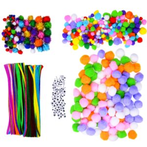 zhaoer 200 pieces chenille stems - 250 pieces 6 sizes assorted pom poms - 100 pieces glitter pompoms and 150 pieces wiggle googly eyes for diy arts crafts