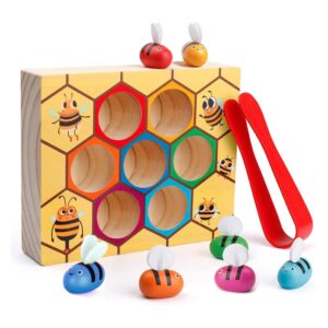 avenor toddler fine motor skills toy for 3 4 5 year old - clamp bee to hive matching game - montessori wooden color sorting early learning preschool educational gift toys for 3+ years old kids