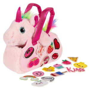 little jupiter pet plush bag purse set with 18pc removable patch set & pink & rainbow details - unicorn stuffed animals for girls - cute plushie - cute toy plushies - girls toys - age 4-7