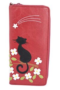 lavishy black cat and flower applique zip around wallet with a strap (red)