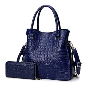 dayfine 2pcs crocodile pattern women handbags pu leather casual top-handle bag set (blue)