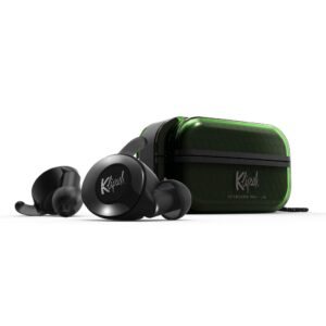 klipsch t5 ii true wireless sport earphones in green with dust/waterproof case & earbuds, best fitting ear tips, ear wings, 32 hours of battery life, and wireless charging case