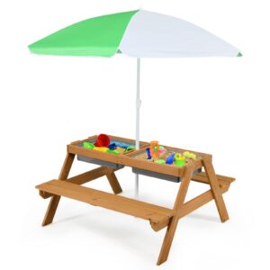 costzon kids picnic table, 3 in 1 sand & water table w/height adjustable umbrella, removable tabletop, children outdoor toy playset w/2 play boxes, wooden convertible activity play table