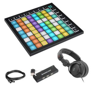 novation launchpad mini mk3 64-pad midi grid controller bundle with 4-port usb hub, studio headphones & midi cable