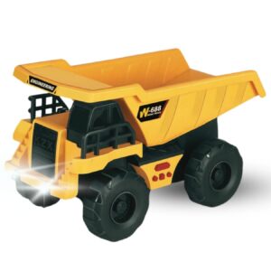 big construction dump truck friction powered toy - 10-inch yellow truck with realistic lights & sounds, lifting bed, 4 button control vehicle for kids