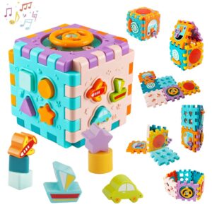 wishtime baby activity cube, baby stack toys with shape color, musical toys interactive educational activity with drum, gift toys for infants toddlers kids boys girls