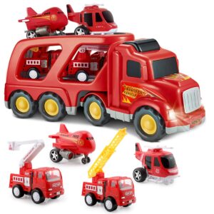 slenpet construction truck toys for 3 years old boys kids toddlers, vehicles toy set with light and sound, large transport cargo truck, small excavator, crane, mixer, dumper truck 5 in 1 playset