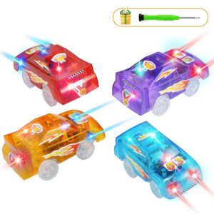 save unicorn tracks cars replacement only, toy cars for most tracks glow in the dark, car track accessories with 5 flashing led lights, compatible with most car tracks for girls boys and kids(4pack)