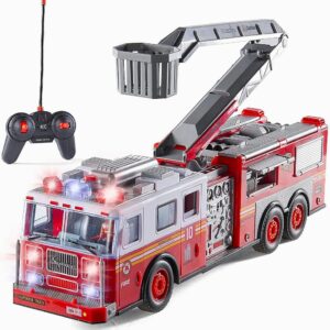 prextex rc fire engine truck remote control 14-inch rescue fire truck with 12-inch ladder and lights and sirens best gift toy for boys girls