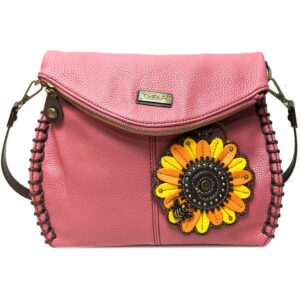 chala charming pink crossbody bag with flap top and zipper cross-body purse or shoulder handbag with sunflower coin purse- pink (sunflower)