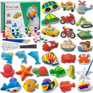 tigerhu arts and crafts for kids,27 painting figurines, 2 x 8 colors of paint, 4 pens paint brush, 1 palette, 2 magnets and 27 stickers, painting kit diy toys kids gifts for ages 4, 5, 6, 7, 8