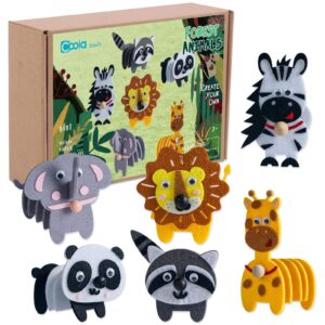 animals craft kit - educational toys for kids, felt craft kit including 6 wild friends, elephant zebra panda lion raccoon giraffe, diy activity birthday gifts for boys & girls ages 3 4 5 6 and up