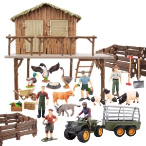 toymany 54pcs big farm animals figurines toy with barn house motorcycle fence - farm tractor figures set with farmers pigs foods, educational toys christmas birthday gift or kids toddlers