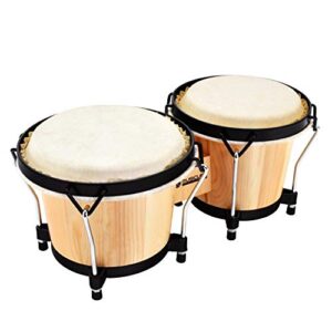 musicube bongo drum set with tuning wrench professional wooden percussion instrument for beginner adults kids (natural skin)