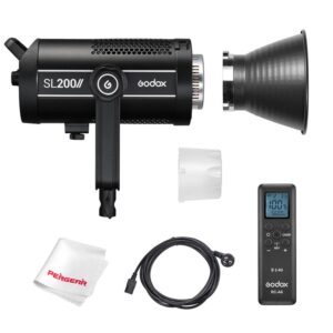 godox sl200wii, sl200w ii 200w bowens mount daylight balanced led video light, 74000lux@1m, cri96+ tlci97+,8 pre-programmed lighting effects, ultra silent fan, w/cleaning cloth