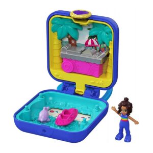 polly pocket shani tropical beach compact with mobile ice cream cart, surfboard, dolphin figure, photo customization, micro shani doll & sticker sheet; for ages 4 years old & up