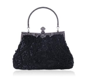 ro rox claudette vintage clutch bag for women - 1920s peaky blinders beaded bag for evening - elegant purse with removable shoulder chain with snap - black sparkly handbag for wedding party, black