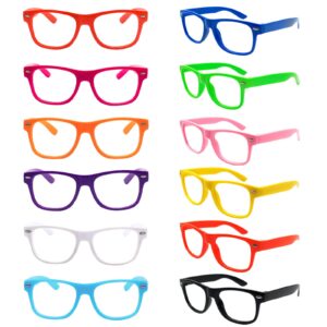 sunovelties 12 pack kids no lens ultralight square costume frame glasses neon color party favors for boys girls daily outfit accessories