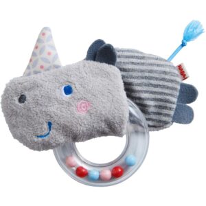 rhino fabric clutching toy with removable plastic teething ring