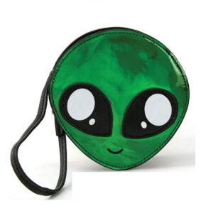 sleepyville critters green alien face wristlet, vinyl, shiny spooky purse handbag clutch