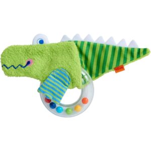 haba crocodile fabric clutching toy with removable plastic teething ring