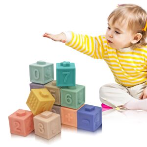 kcuina baby blocks, 12 pc - soft stacking building blocks - toy 6 to 12 months toddlers boys & girls- squeeze & play - educational toy for 6 months and up - numbers, animals, and textures