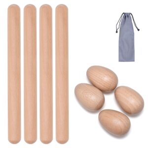 8 pcs musical percussion instrument set, includes 4 pcs 8 inch rhythm sticks wood claves and 4 pcs wood egg shakers