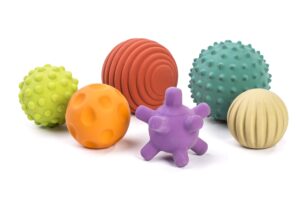 miniland 6 sensory balls, babies birth to toddlers age 4, natural rubber latex, soft teething toys, easy grip play, textured, colors multi-sensory stimulation, motor skill development