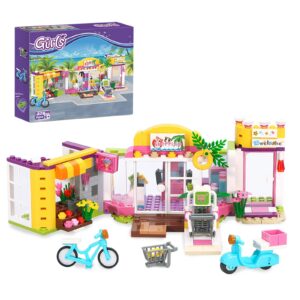 brick story girls friends supermarket building set 376 pcs, seaside grocery store flower shop building kit, beach shopping mall toy educational building blocks gift for kids ages 6-12