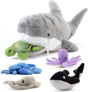 prextex plush toy shark stuffed animal with 5 sea animals - shark plush toy with turtle, whale, octopus, stingray, crab - giant stuffed animals for kids aged 3 and up - fun gift for sea animal lovers