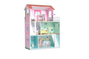 milliard pink wooden dollhouse for kids with doll house accessories and furniture - 3 levels, 6 rooms, bonus balcony and 20 furniture pieces, perfect for 4-6" dolls, easy to assemble, 31" x 24" x 9.5"