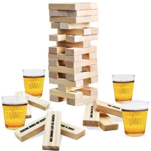 artcreativity tumbling tower drinking game, drinking game with 4 glasses and 60 wooden blocks with challenges, fun house party games for game night, great gift idea