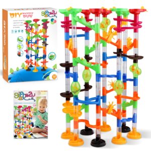 gifts2u marble run toy,168pcs educational construction maze block toy set, stem learning building block toy for kids and parent-child game(136 translucent plastic pieces + 32 glass marbles)