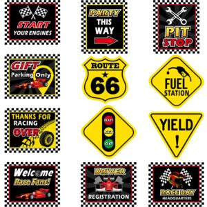 12 pieces racing signs race car party decorations, 9.8-11.8 inch laminated car racing decoration, traffic signs cutouts, road racing themed party signs, racing cutouts with 40 glue point dots