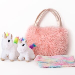 perfectto design unicorn toy for girls age 3-10; 4 pcs set - mommy and baby stuffed animals, bag and a doll blanket. unicorn gift for 3-8 year old birthdays and christmas