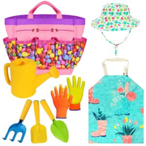 gardening tools toy set for girls boys with beatiful storage bag, watering can, gardening gloves, shovels, rake, apron, sun hat kit for children kids outdoor play and dress up clothes role play