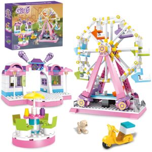 brick story girls friends carnival building set friends amusement park building blocks toys with ferris wheel, show stage and 4 mini dolls great birthday gift for kids age 6-12 and up, 610 pieces