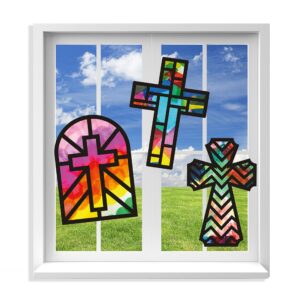 vhale suncatchers craft 3 sets (9 cutouts) w tissue papers stained glass effect paper sun catcher kit, window art, classroom crafts, creative art projects, kids party favors (cross)