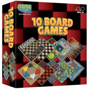 gamie 10 board games set, classic family games for kids and adults, includes 5 double sided playing boards with backgammon, chinese checkers, snakes and ladders, sorry, draught, racing, chess and more